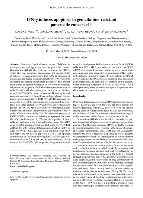 Pdf Ifn‑γ Induces Apoptosis In Gemcitabine‑resistant Pancreatic