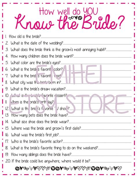 How Well Do You Know The Bride Printable