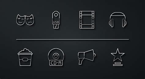 라인 코미디와 비극 마스크 상자에 팝콘 헤드폰 메가폰 Cd Dvd 디스크 Usb 플래시 드라이브 영화 트로피 및 비디오 재생