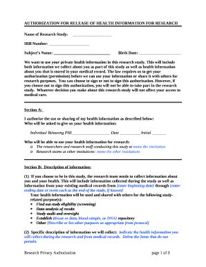 AUTHORIZATION FOR RELEASE OF HEALTH INATION FOR RESEARCH Doc Template