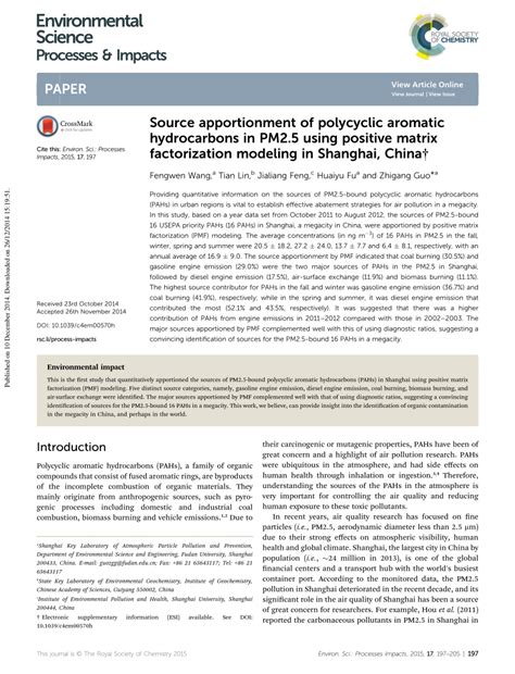 Pdf Source Apportionment Of Polycyclic Aromatic Hydrocarbons In Pm25 Using Positive Matrix