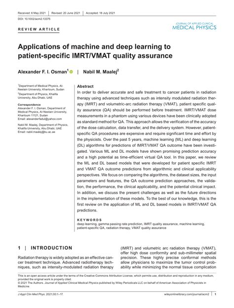 Pdf Applications Of Machine And Deep Learning To Patient Specific Imrtvmat Quality Assurance