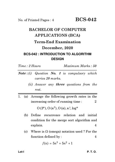 BCS 042 Important Question Lot I P T O No Of Printed Pages 4