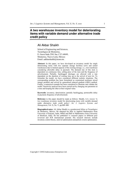 Pdf A Two Warehouse Inventory Model For Deteriorating Items With Variable Demand Under