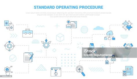 Sop 표준 운영 절차 개념 아이콘 세트 템플릿 배너 현대 블루 색상 스타일 프로젝트 관리에 대한 스톡 벡터 아트 및 기타 이미지 프로젝트 관리 아이콘 작동하기