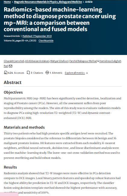 Radiomics Based Machine Learning Method To Diagnose Prostate Cancer Using Mp Mri A Comparison