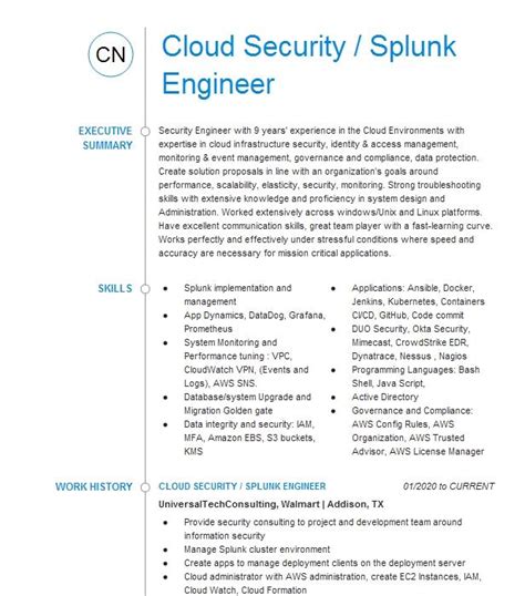splunk engineer cyber security specialist resume example
