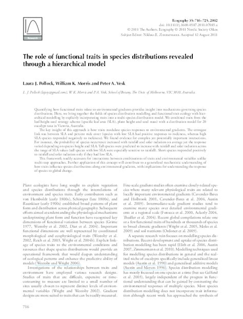 Pdf The Role Of Functional Traits In Species Distributions Revealed Through A Hierarchical Model