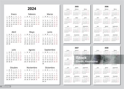 2024 2025 2026 2027 2028 Vertical Spanish Calendars Printable Vector