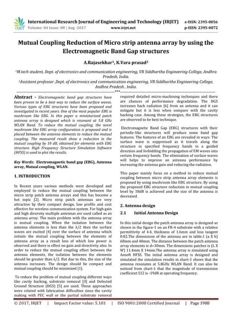 Mutual Coupling Reduction Of Micro Strip Antenna Array By Using The Electromagnetic Band Gap