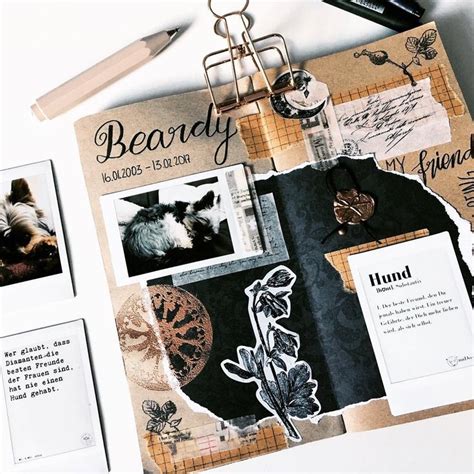 An Open Scrapbook With Pictures And Writing On It Next To A Pair Of Scissors
