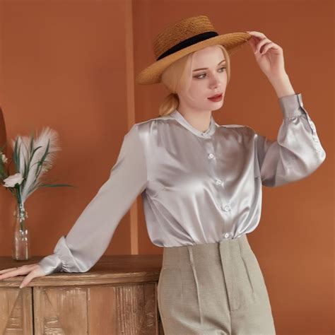 Pure Silk Long Sleeve Banded Collar Blouse Aeverie Business Casual