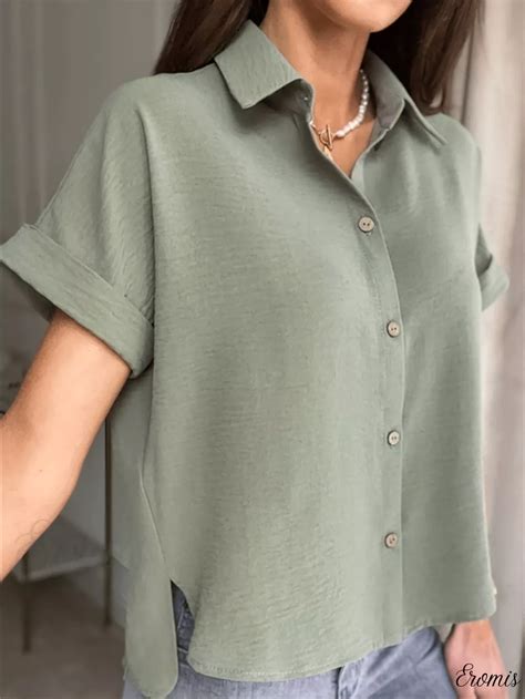 Eromis Womens Casual Short Sleeve Button Down Loose Shirt Solid