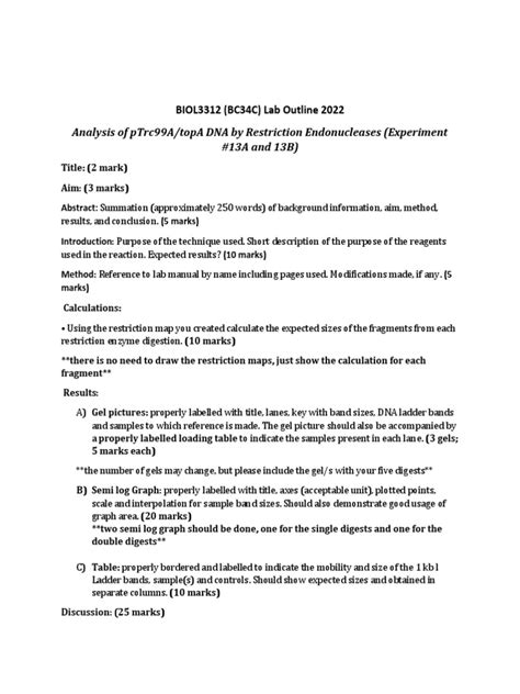 Biol3312 13a And 13b Lab Outline Pdf Gel Electrophoresis Restriction Enzyme