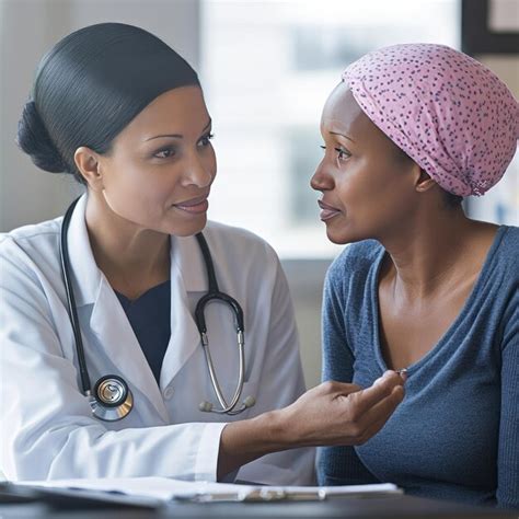 Female Doctor In A White Coat Examining A Patient Wearing A Pink Headscarf Premium Ai
