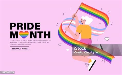 무지개 Lgbtq와 트랜스젠더 깃발을 가진 쾌활한 캐릭터는 자부심의 달 또는 하루 벡터 플랫 일러스트레이션을 축하합니다