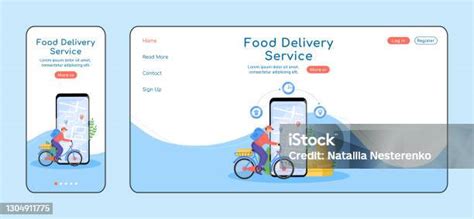 식품 배달 서비스 적응 착륙 페이지 플랫 컬러 벡터 템플릿 식사 택배 모바일 및 Pc 홈페이지 레이아웃 푸드 라이더 한 페이지 웹 사이트 Ui 익스프레스 딜리버리 웹페이지