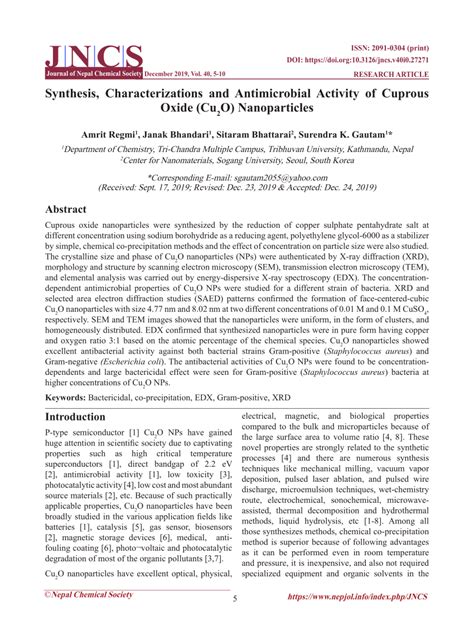 Pdf Synthesis Characterizations And Antimicrobial Activity Of Cuprous Oxide Cu2o Nanoparticles