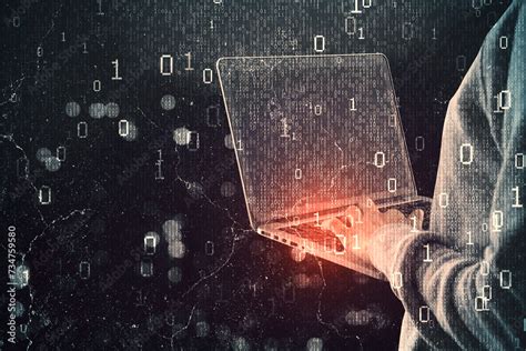 Close Up And Side View Of Hacker Hands Using Laptop While Standing On