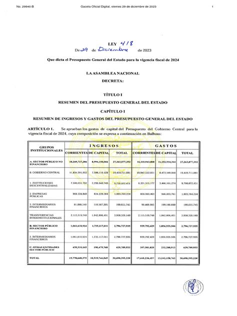 Ley 418 De Viernes 29 De Diciembre De 2023 Que Dicta El Presupuesto