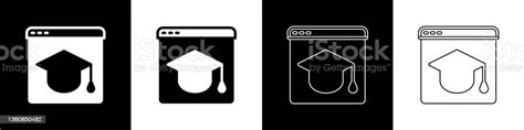 흑백 배경에서 격리된 온라인 교육 및 졸업 아이콘을 설정합니다 모니터에 온라인 교사 웨비나 및 비디오 세미나 학습 벡터 개념에 대한 스톡 벡터 아트 및 기타 이미지 Istock