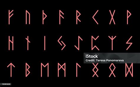 고 대 북유럽 룬의 집합입니다 룬 알파벳 Futhark 고대의 신비로운 상징 벡터 일러스트입니다 검은 배경에 오래 된 독일어 핑크 산호 편지 룬에 대한 스톡 벡터 아트 및