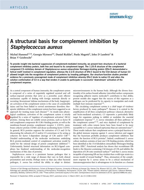 pdf a structural basis for complement inhibition by staphylococcus aureus