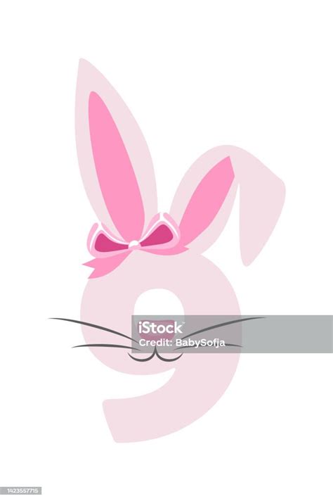 Ilustración De Divertido Conejito Número 9 Para Niños Nueve Dígitos En