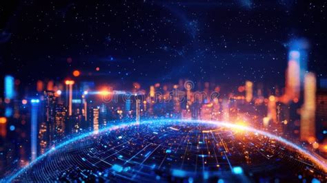 Illuminated Cityscape Merging Abstract Technological With Digital Globe Symbolizing Global