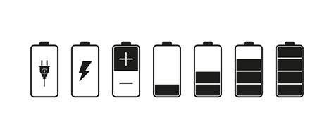배터리 세트 아이콘입니다 충전 전기 플러스 마이너스 접점 저충전 및 고충전 수준 자율성 개념 비즈니스 및 광고에 대한 벡터 라인 아이콘 배터리 저장에 대한 스톡 벡터 아트