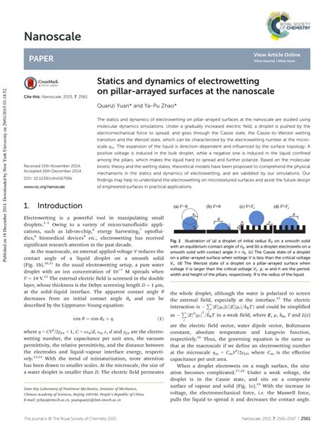 Pdf Statics And Dynamics Of Electrowetting On Pillar Arrayed Surfaces At Nanoscale