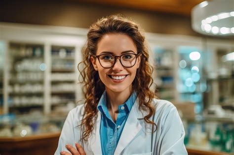 Premium Ai Image A Woman In A Lab Coat Stands In Front Of A Counter