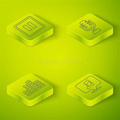 Set Isometric Microphone Music Equalizer Musical Note In Speech Bubble And Pause Button Icon