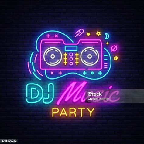 Dj 음악 네온 사인 벡터 밤 파티 디자인 서식 파일 네온 사인 Dj 사운드 광고 라이트 배너 네온 간판 야간 밝은 광고 가벼운 비문 벡터 일러스트 레이 션 Dj에 대한