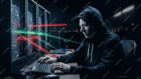 Premium Photo Dangerous Anonymous Hacker Man In Black Hooded Using