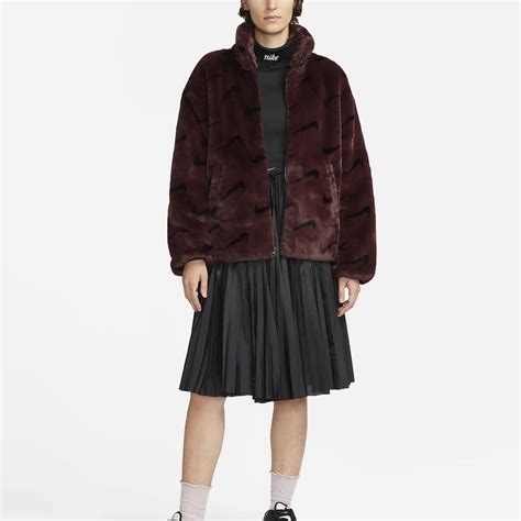 Nike Sportswear Plush Printed Faux Fur Jacket Burgundy Crush The