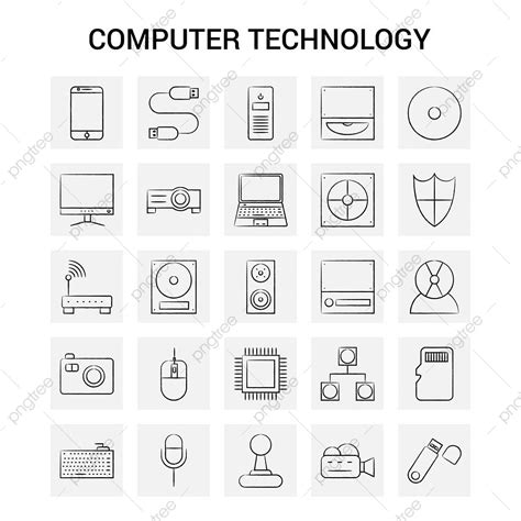 25 Hand Drawn Computer Technology Icon Set Illustration Sim Mouse PNG And Vector With