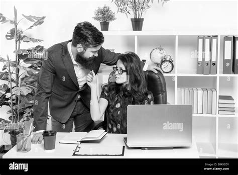 Full Of Flirt Flirty Woman Touch Man By Beard Flirting At Work