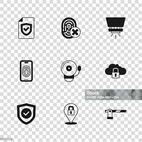 잠금 클라우드 컴퓨팅 잠금 주차 차량 장벽 울리는 알람 벨 화재 스프링클러 시스템 방패와 계약 취소된 지문 및 모바일 스캐너 아이콘을 설정합니다 벡터 Brand Name