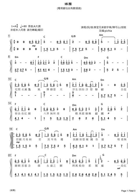 胡宸 [簡譜] 摩登兄弟劉宇寧 緣圈 電視劇仙台有樹插曲 附歌詞 和弦 Sheets By Pichia