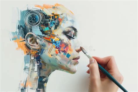 Cyborg Hand Draws Woman Face On Canvas With Vibrant Colors Digital
