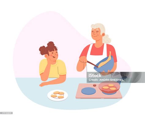 부엌에서 요리하는 가족 쿠키를 준비하는 할머니와 손녀 부엌에 대한 스톡 벡터 아트 및 기타 이미지 부엌 오븐에 굽기 할머니 Istock