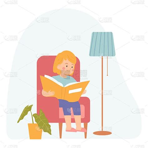 一个小女孩坐在椅子上看书。矢量插图横幅，海报，明信片。卡通风格的角色素材 花瓣网