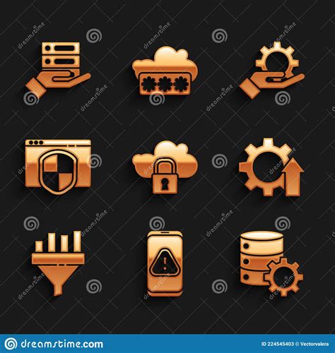 Set Cloud Computing Lock Mobile With Exclamation Mark Server And Gear