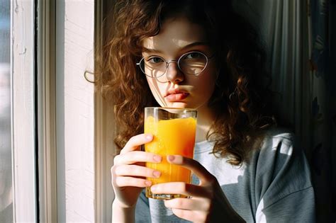 Premium Photo Caucasian Teenage Girl Drinking Orange Juice Portrait