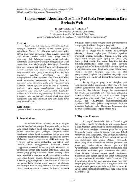 Pdf Implementasi Algoritma One Time Pad Pada Penyimpanan Data Berbasis Web Hengky Mulyono