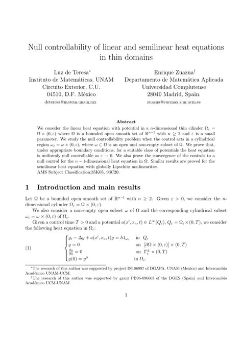 Pdf Null Controllability Of Linear And Semilinear Heat Equations In Thin Domains