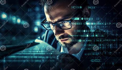A Hacker Surrounded By Technological Holograms Intensely Focuses On