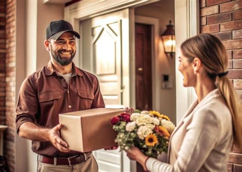 Delivery Man Handing Parcel To A Happy Customer At Doorstep Premium