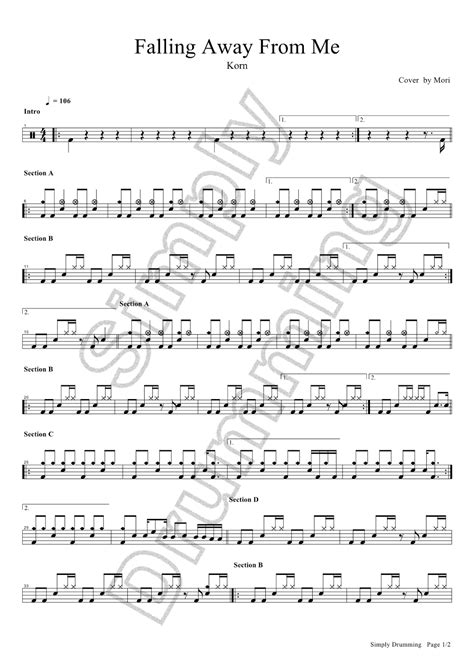 鼓手森 Simply Drumming Korn Falling Away From Me Drum Sheet